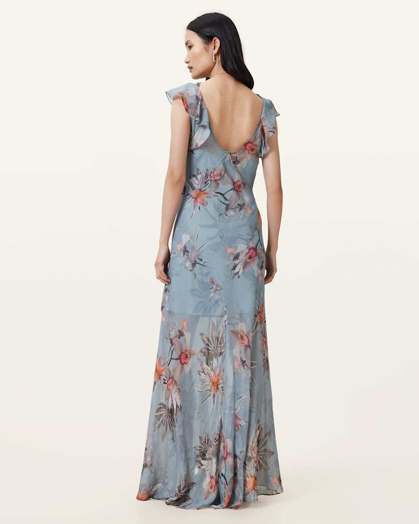 Flora Printed Maxi Dress ADENA DUSTY BLUE | ALLSAINTS